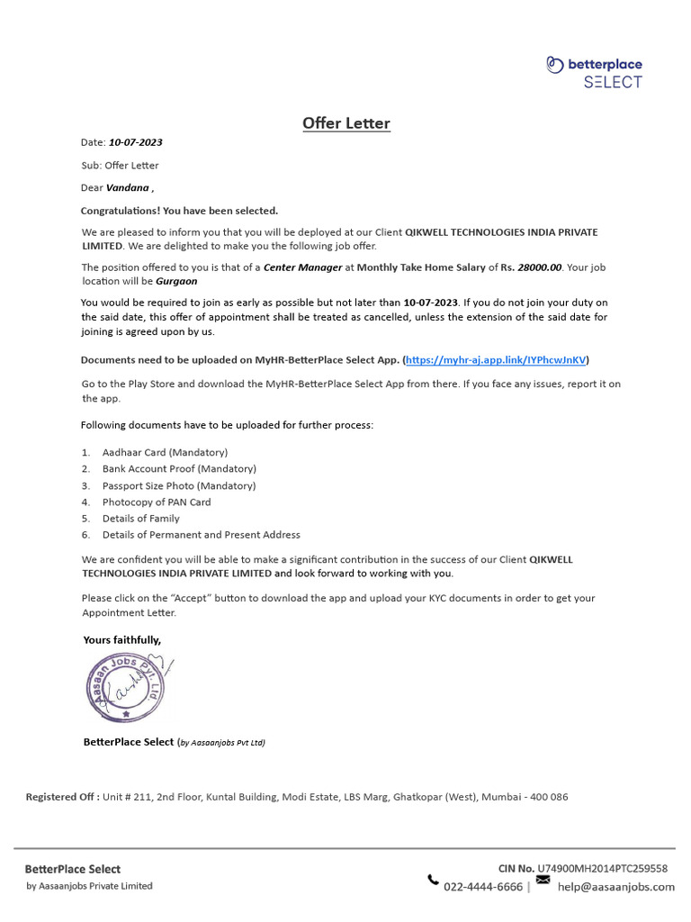 Offer Latter Qwikwell Tecno | PDF