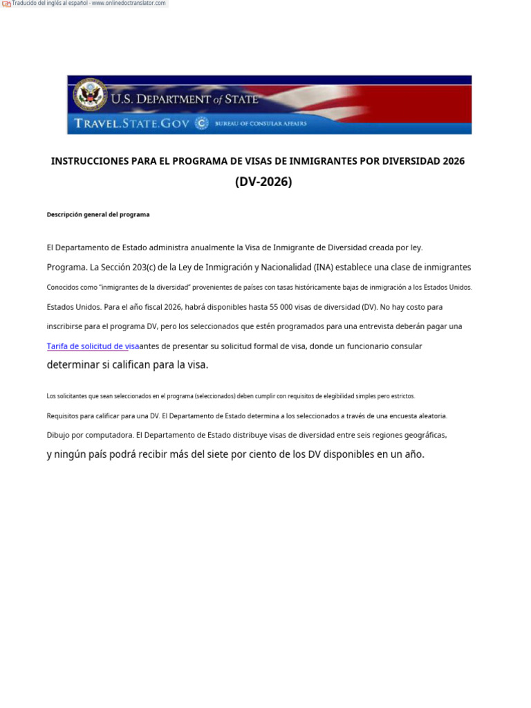 DV 2026 Plain Language Instructions and FAQs - En.es | PDF