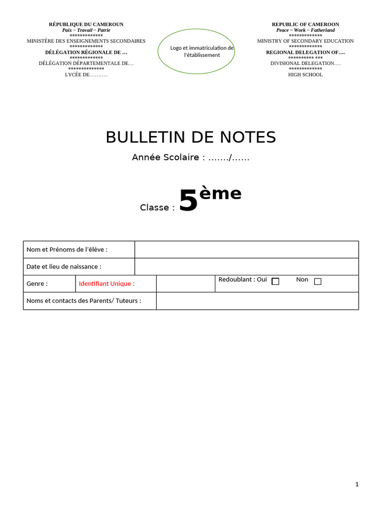 Bulletin de Notes Apc 5ème Pebs | PDF