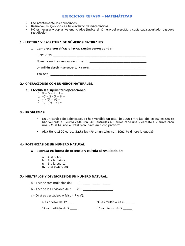 Ejercicios repaso 1 eso | PDF