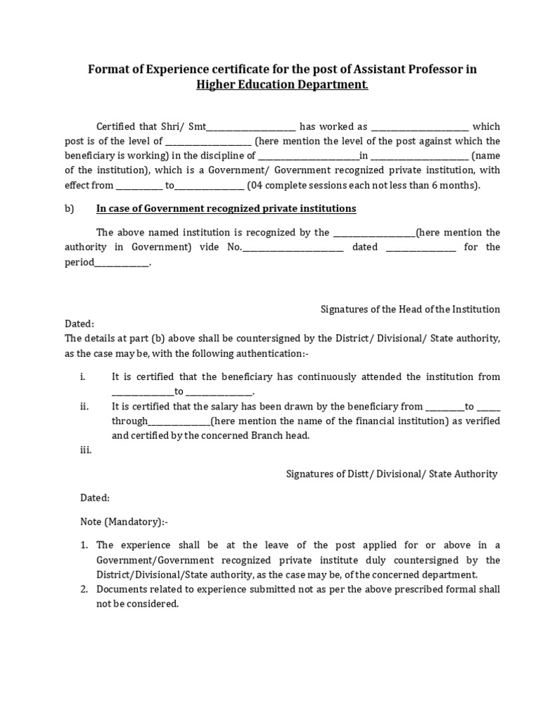 Format of Experience Certificate for the posts of Assistant Professor ...