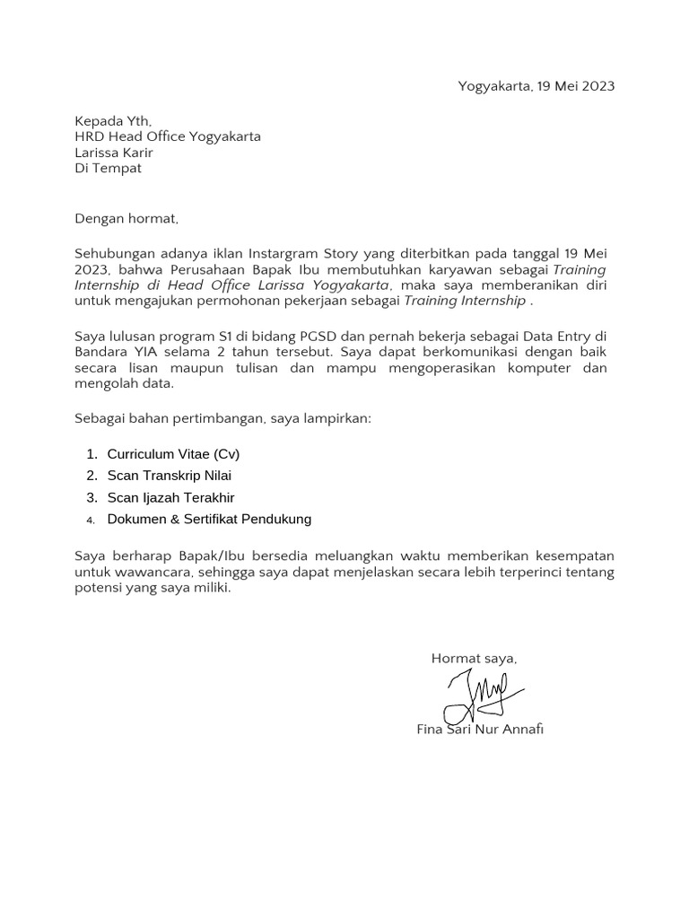 Surat Lamaran Training Internship Larissa | PDF