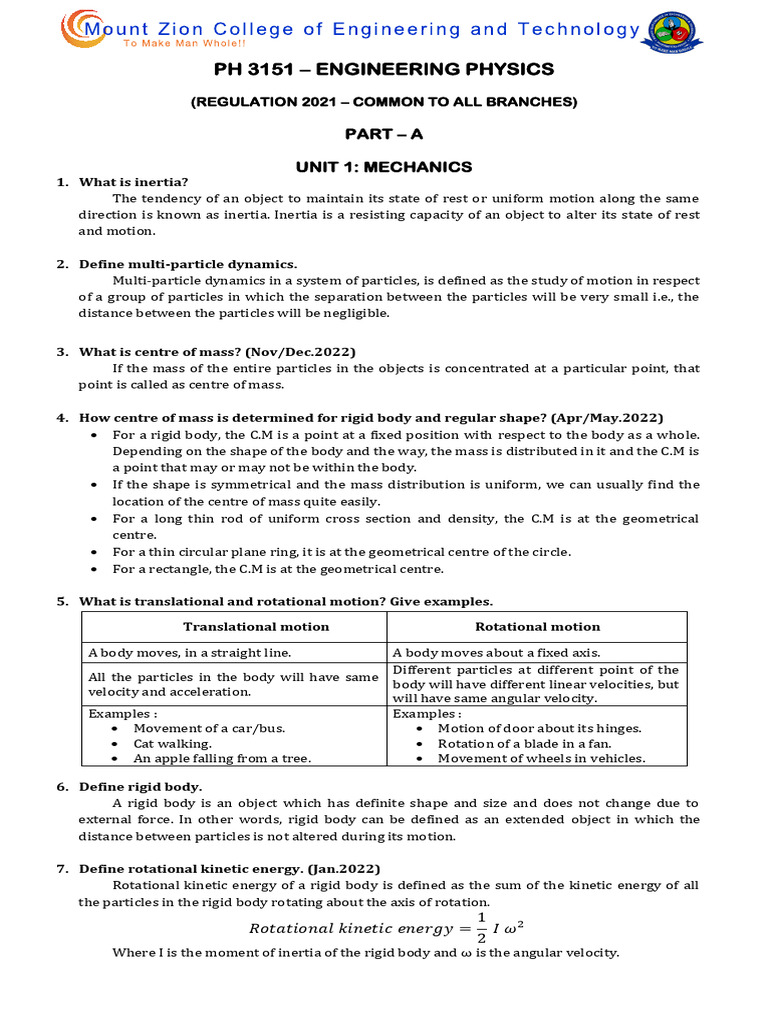 PH 3151 - EnGG PHY - Part a - Unit 1. Mechanics | PDF