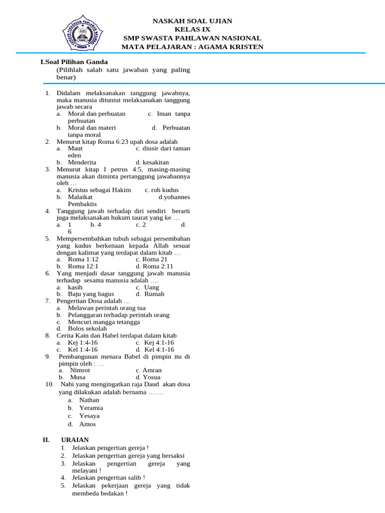NASKAH SOAL UJIAN AGAMA KRISTEN baru 15112022 | PDF