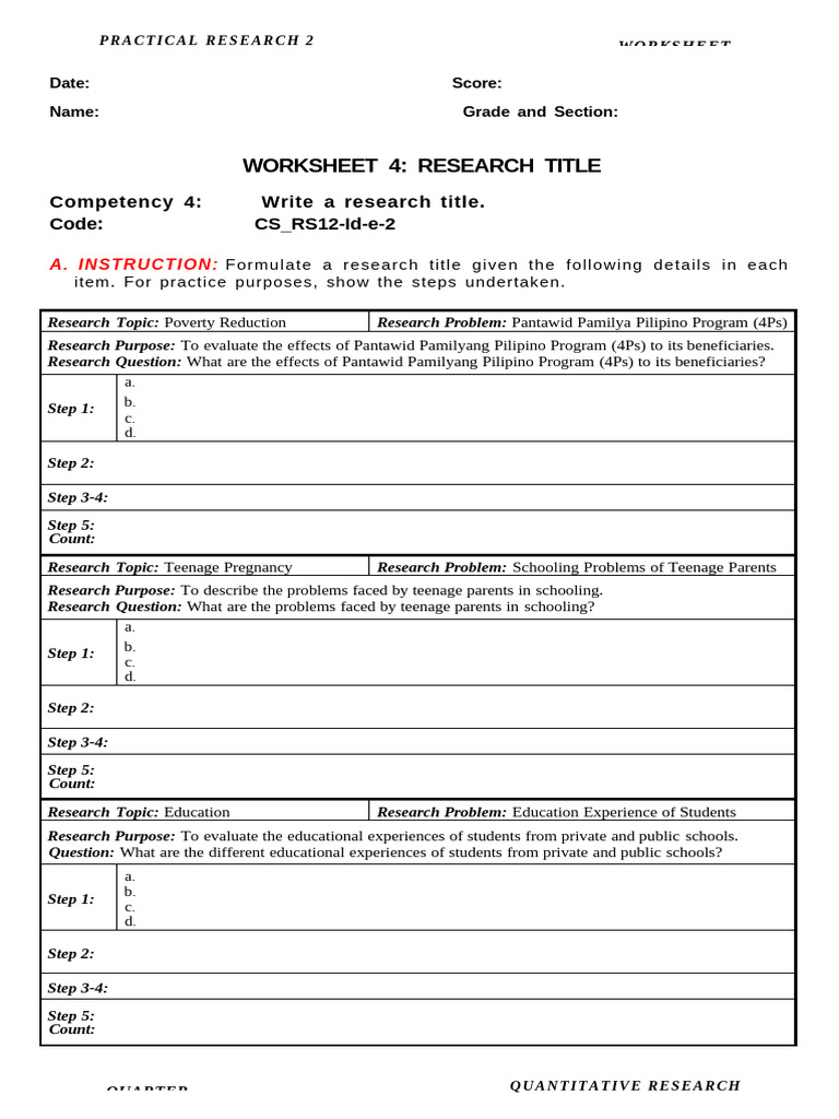 PR2 Work Sheet - 4research Title | PDF | Career & Growth