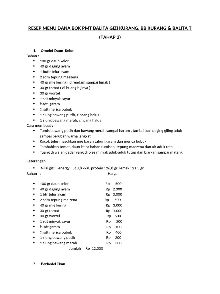 RESEP MENU DANA BOK PMT BALITA GIZI KURANG Tahap 2 | PDF
