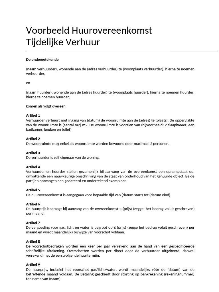 Voorbeeld Huurovereenkomst Woonruimte | PDF