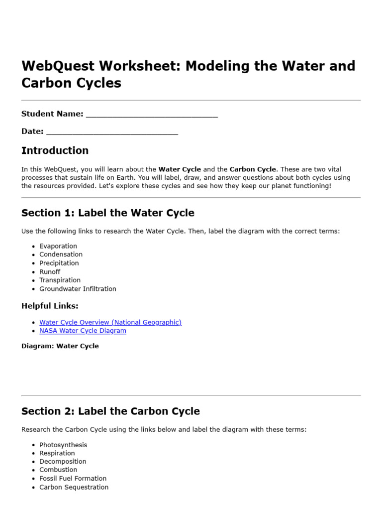 Online Webquest Water and Carbon Cycle | PDF
