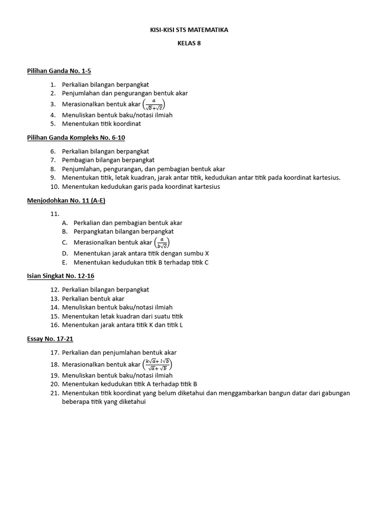 Kisi-Kisi STS Matematika Kelas 8 | PDF