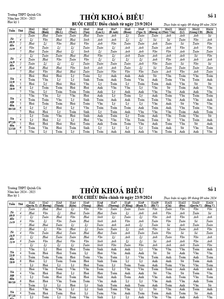 Điều chỉnh TKB HS Chiều Số 1 | PDF
