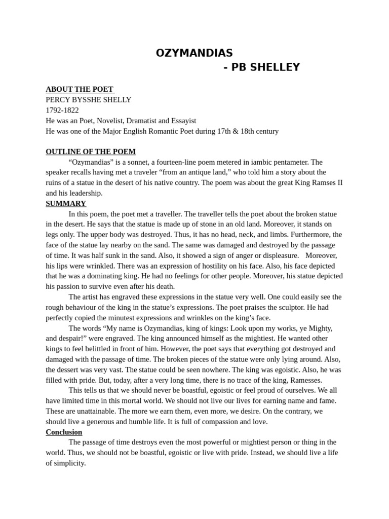 Ozymandias Poem Summary - English Iv-1 | PDF