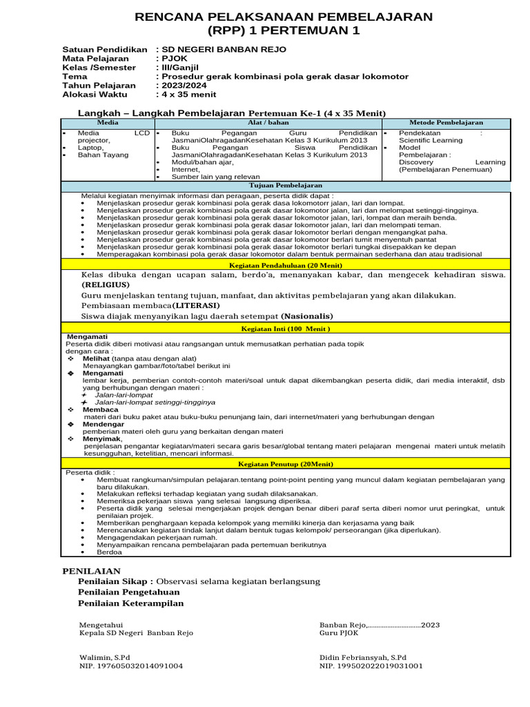 11. RPP 1 Prosedur gerak kombinasi pola gerak dasar lokomotor | PDF