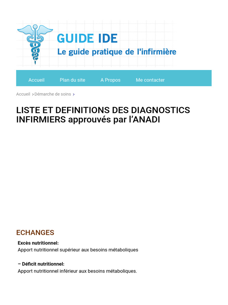 LISTE ET DEFINITIONS DES DIAGNOSTICS INFIRMIERS Approuvés Par l'ANADI ...