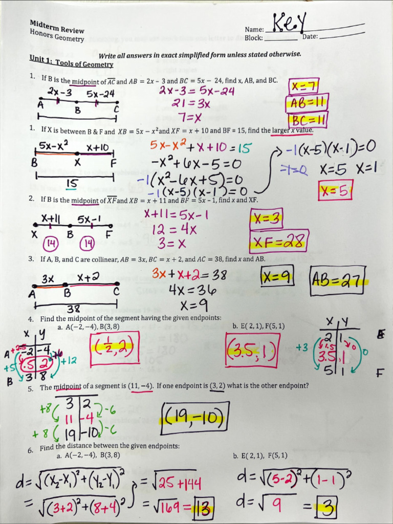 Honors Geometry Midterm Review KEY | PDF