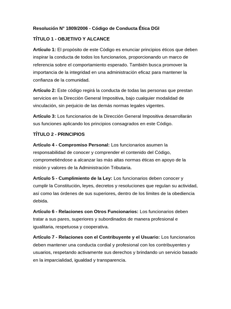 Resumen Resolución #1809-2006 - Código de Conducta Ética DGI | PDF