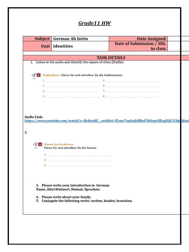 Grade11 - German Ab Initio HW | PDF