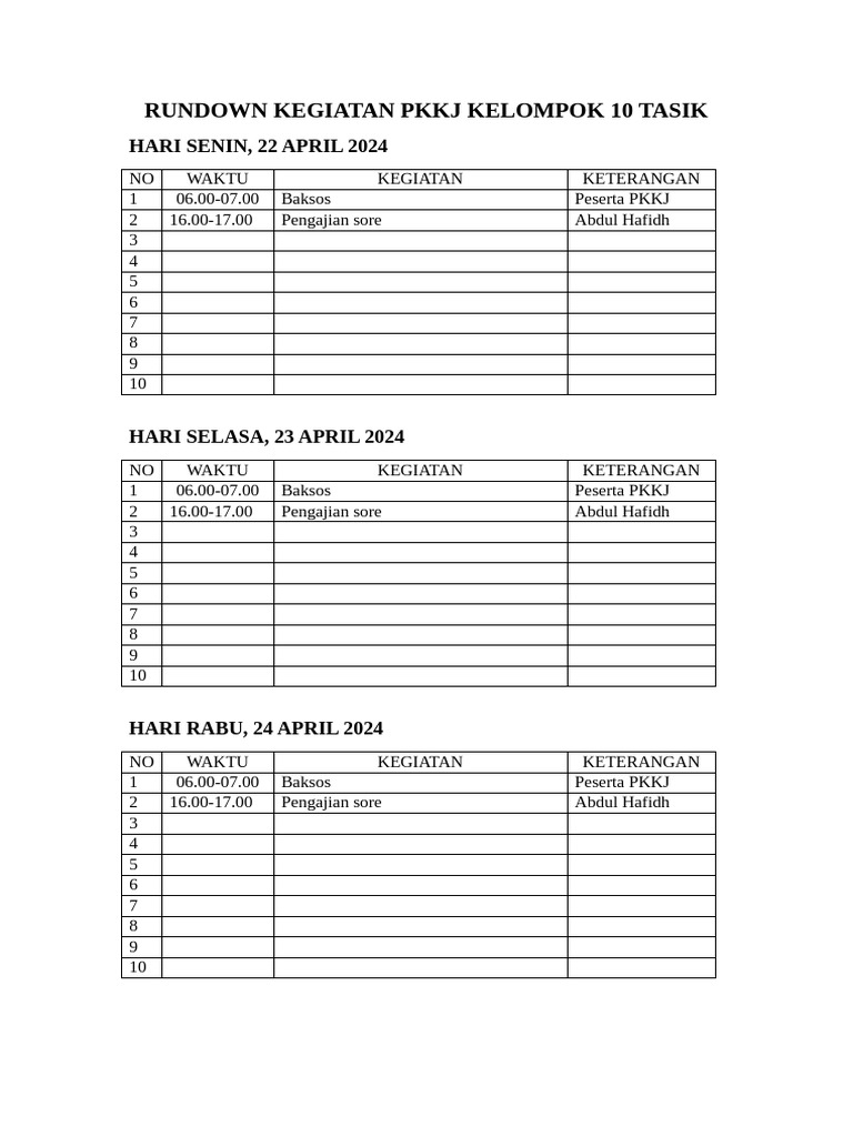 Rundown Kegiatan PKKJ Kelompok 10 Tasik - 050032 | PDF