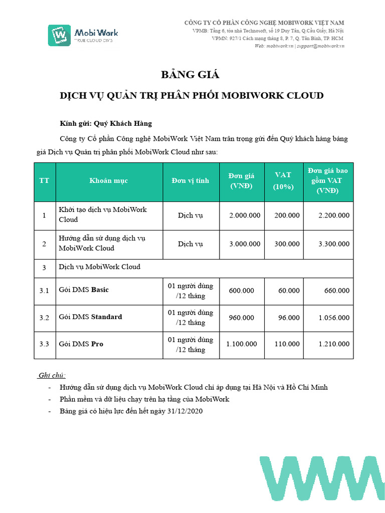1 1 BangGia DichVu MobiWorkCloud 2020 | PDF | Vietnam | Computers