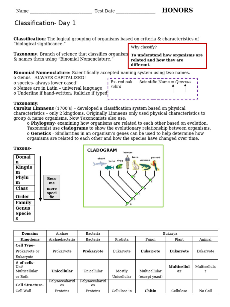 2022 HONORS Taxonomy Notes KEY | PDF