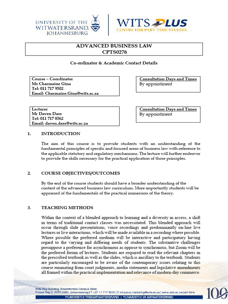 Advanced Business Law Course Outline 2023 | PDF