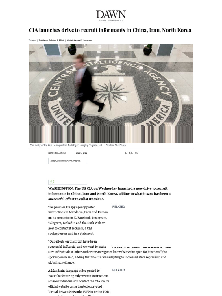 CIA Launches Drive To Recruit Informants in China, Iran, North Korea ...