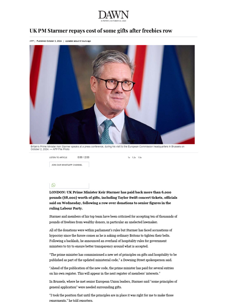 UK PM Starmer Repays Cost of Some Gifts After Freebies Row - World | PDF