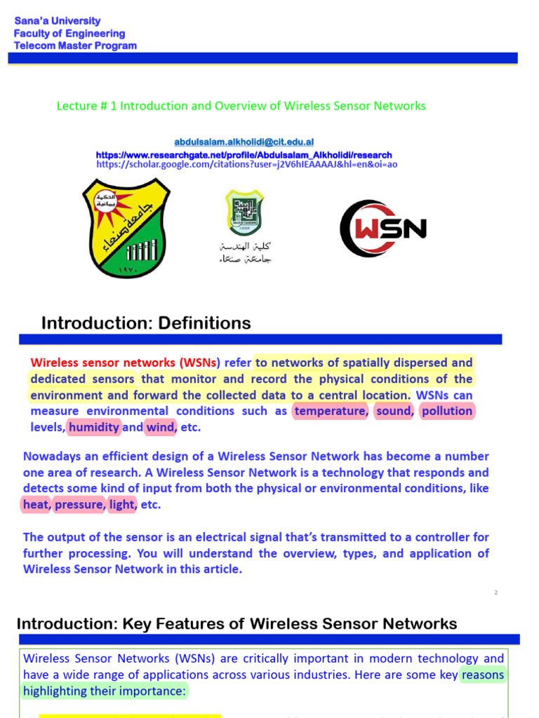 Lecture - 1 Introduction and Overview of Wireless Sensor Net | PDF ...