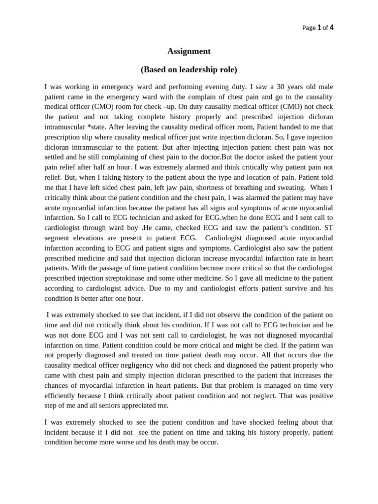 Leadership Assignment | PDF | Myocardial Infarction | Critical Thinking