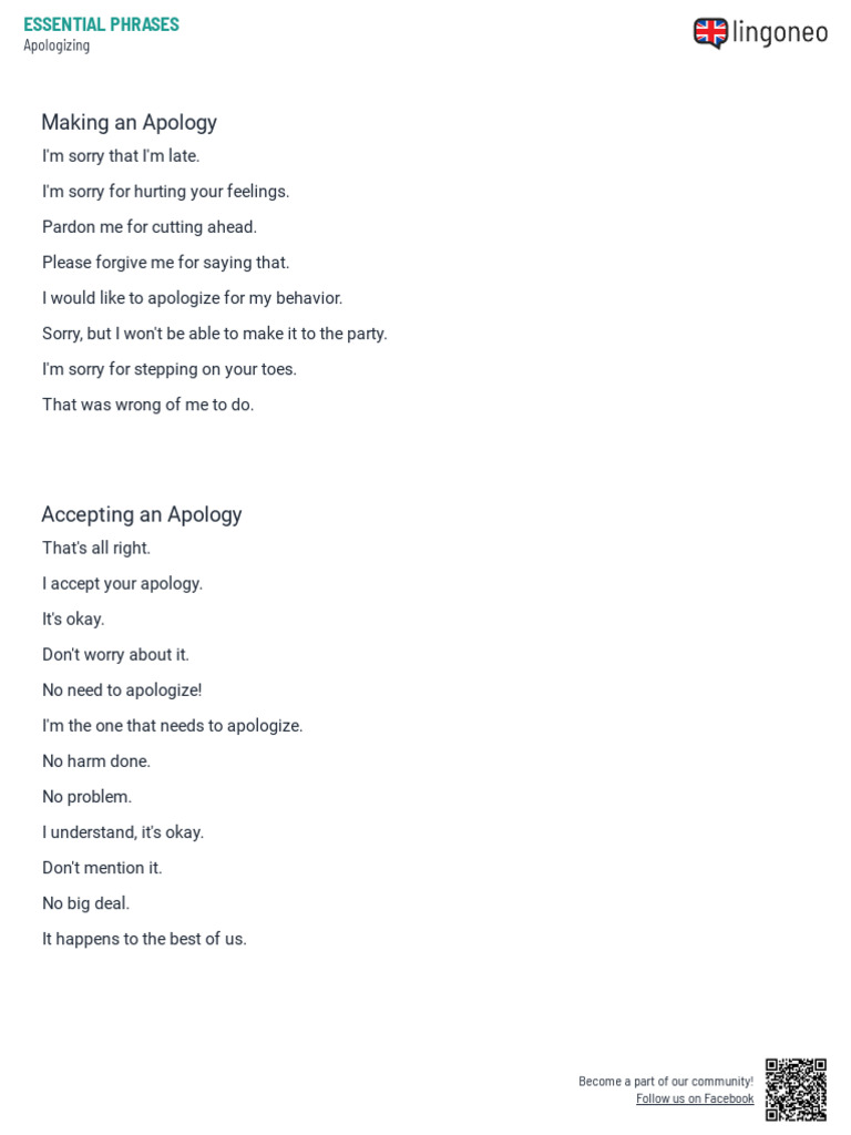 Apologizing - Phrases List | PDF