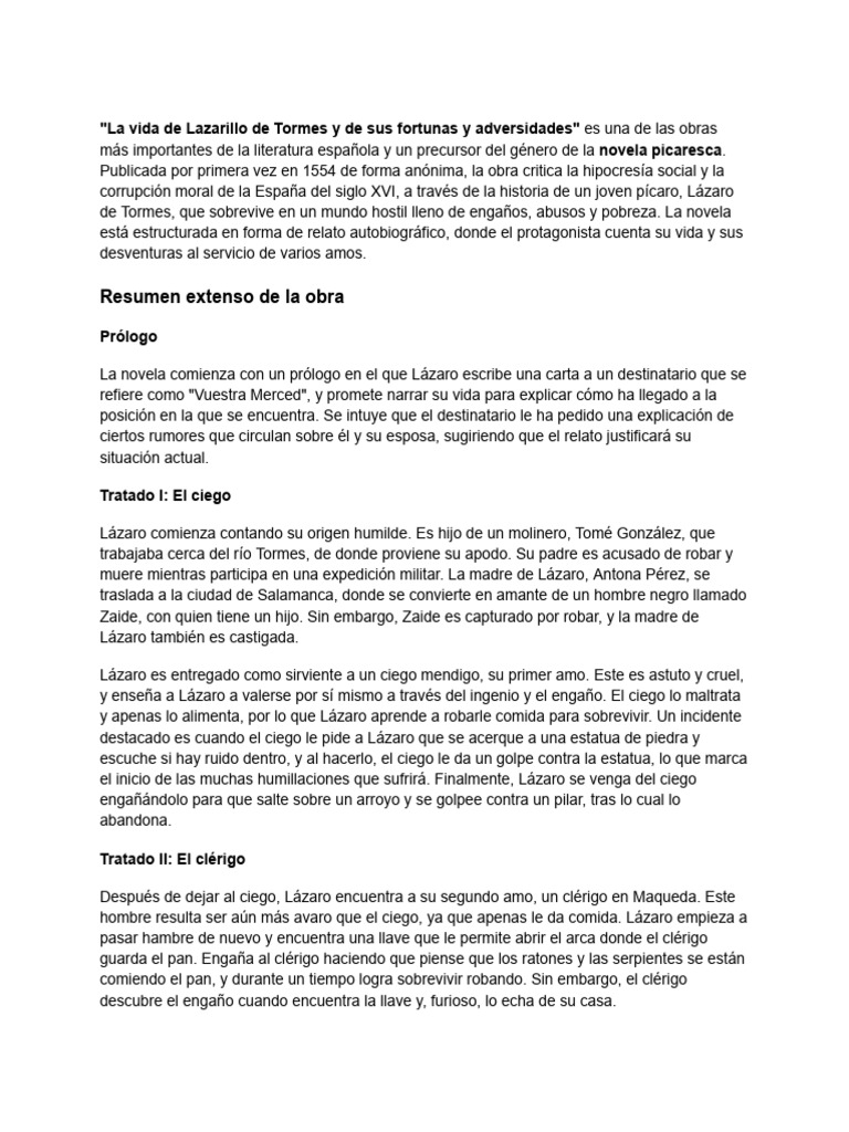 Resumen Lazarillo de Tormes | PDF | Clásicos