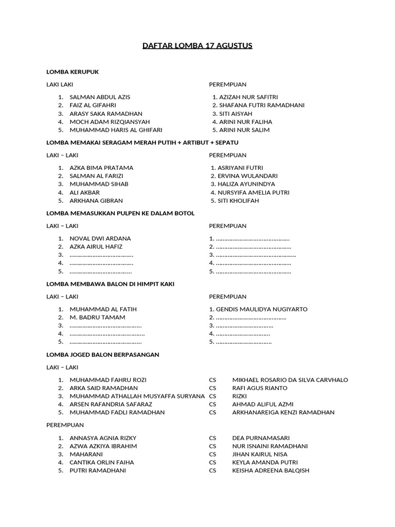 Daftar Lomba 17 Agustus | PDF