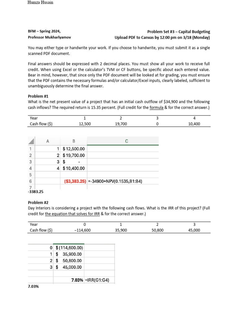 Problem Set 3 BFM - Humza Husain | PDF