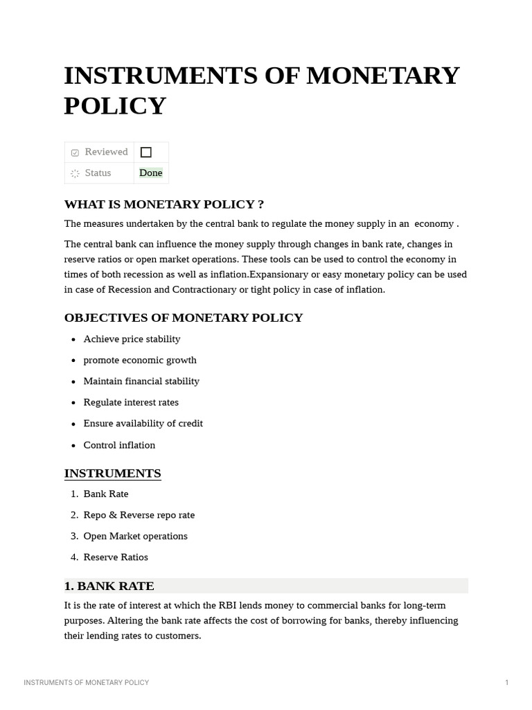 RBI Monetary Policy Instruments Explained | PDF | Reserve Bank Of India ...