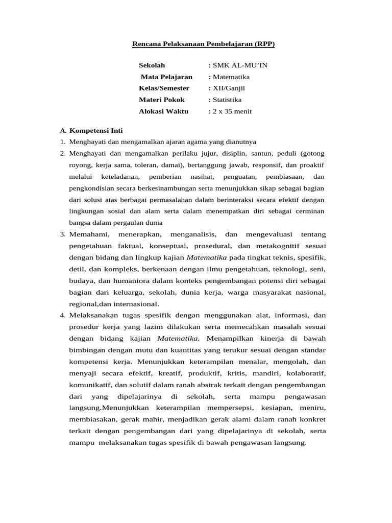RPP Statistika MTK 12 LKPD | PDF