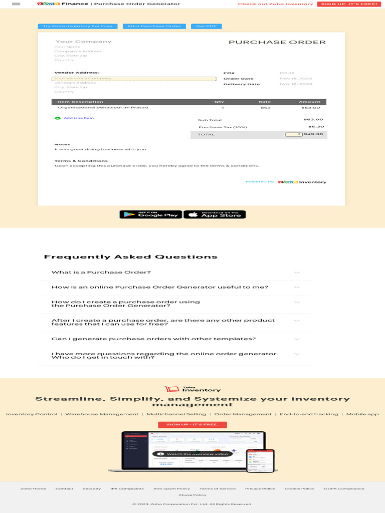Online Free Purchase Order Generator - Zoho Inventory | PDF