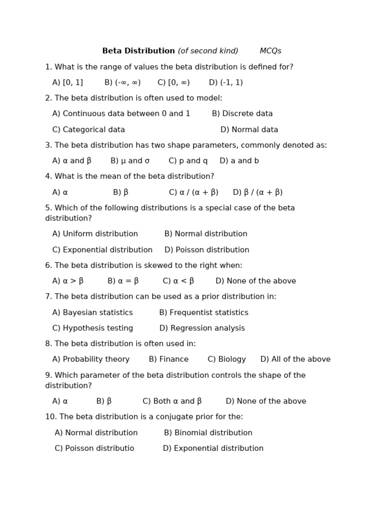 Beta Distribution (Of Second Kind) MCQs | PDF | Probability Distribution | Normal Distribution
