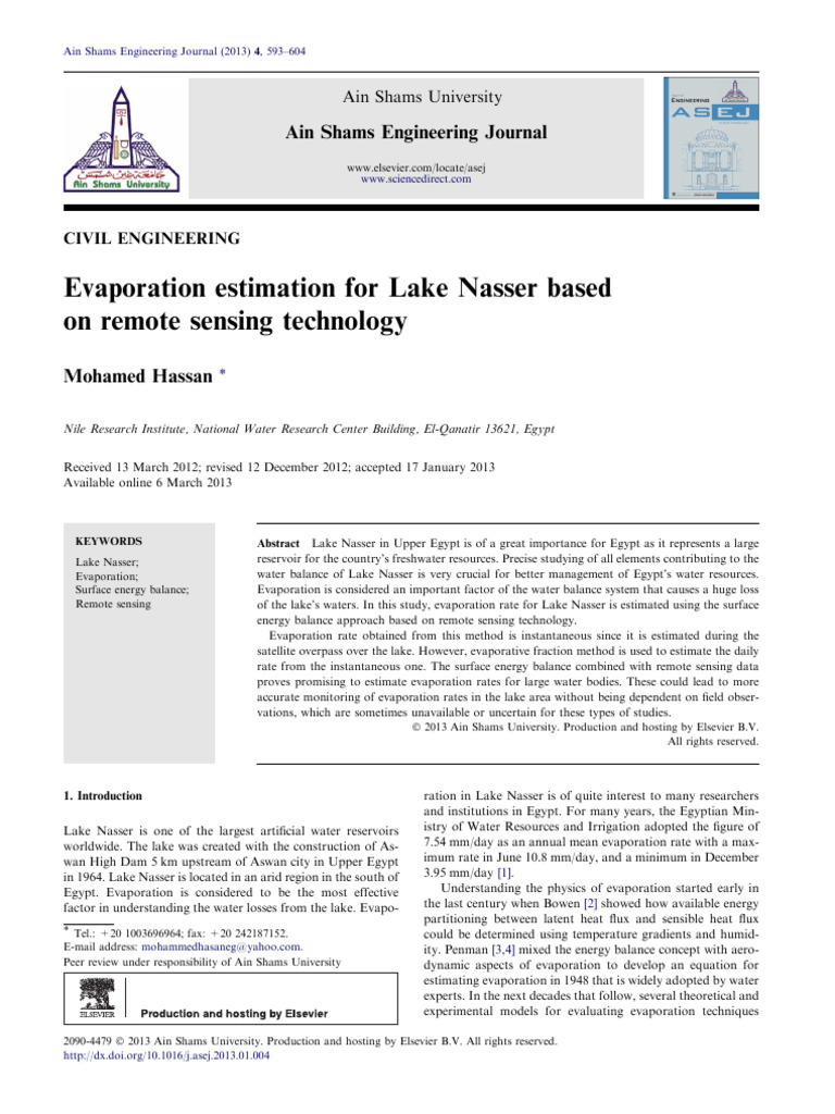 Evaporation Estimation For Lake Nasser Based On Re Pdf Heat Social Science