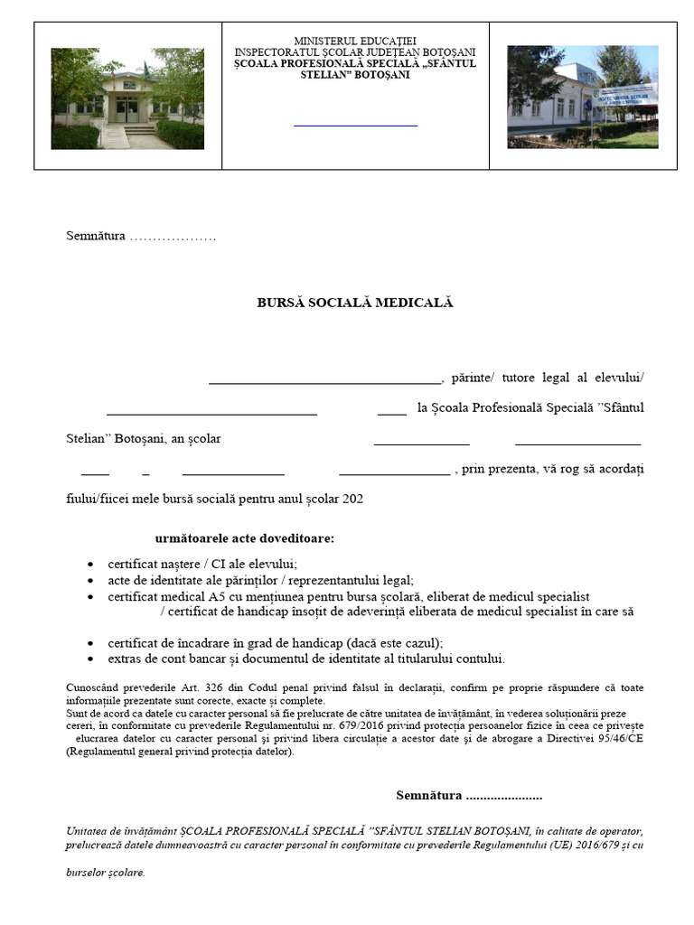 Cerere bursa sociala - medicala 2024 - 2025 | PDF