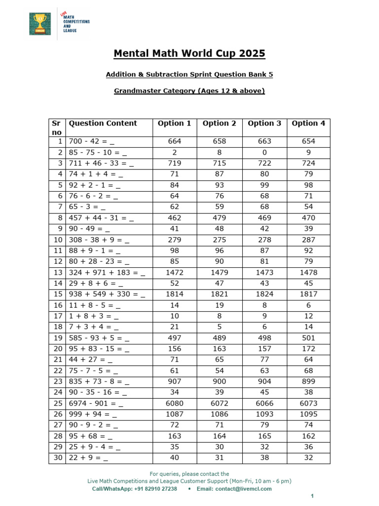 9-Grandmaster Sprint Addition & Subtraction Question Bank 5-MMWC 2025 ...
