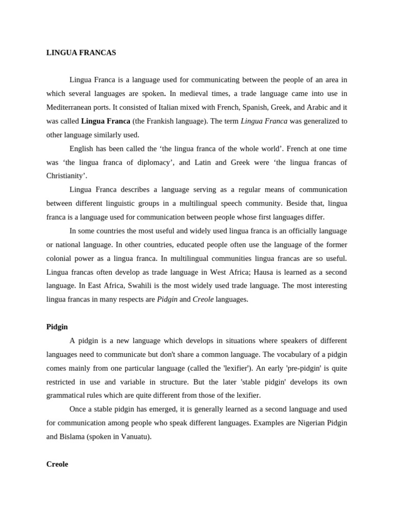 Lingua Francas, Pidgin&creoles, Language&dialects, Regional Dialects | PDF