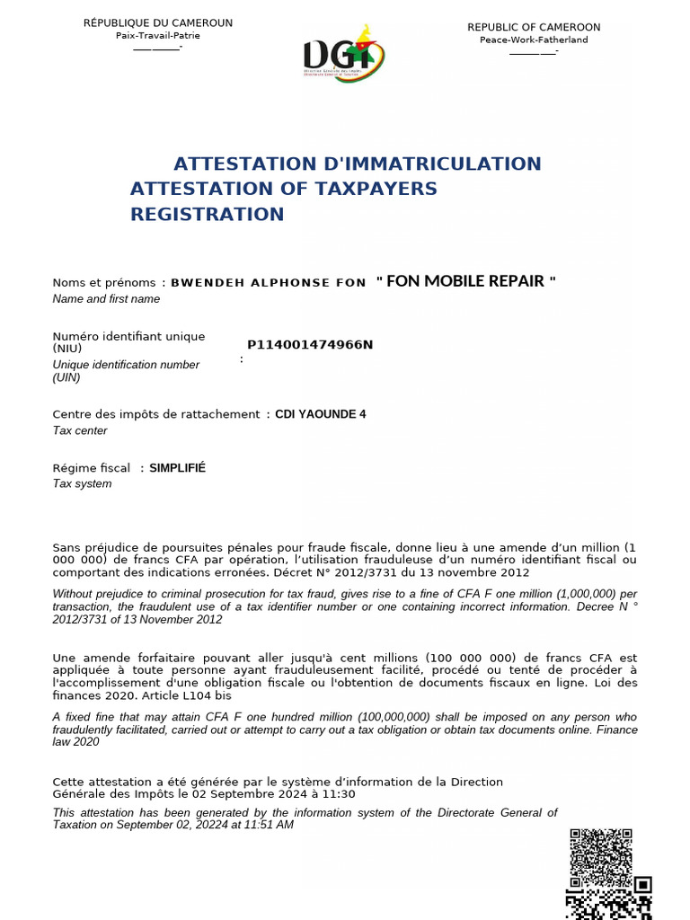 Attestation D'Immatriculation Attestation of Taxpayers Registration | PDF