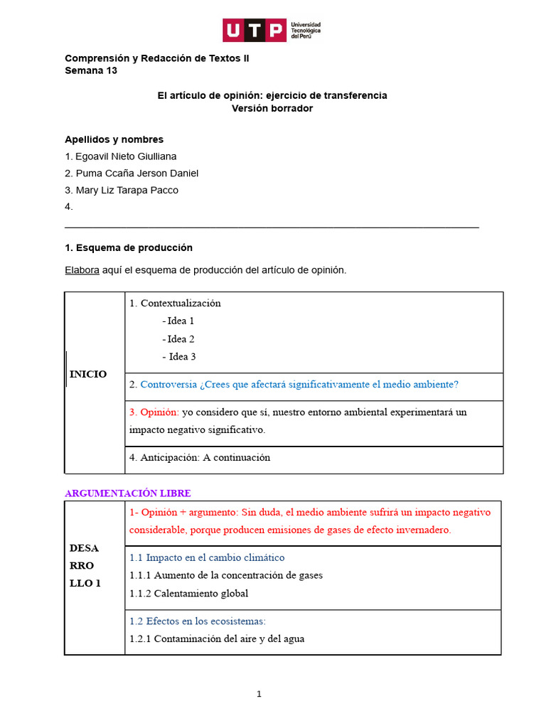 S13Virtual - El Artículo de Opinión - Ejercicio de Transferencia - Formato Borrador-1 | PDF
