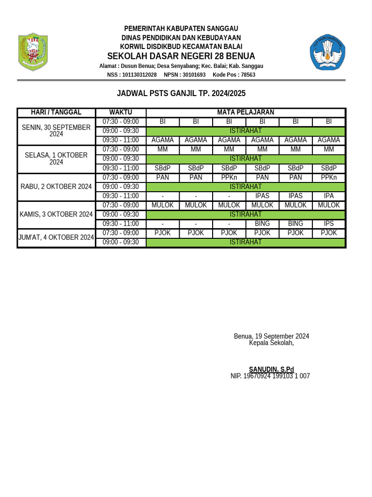 Jadwal PSTS Ganjil Tp. 2024+2025 | PDF