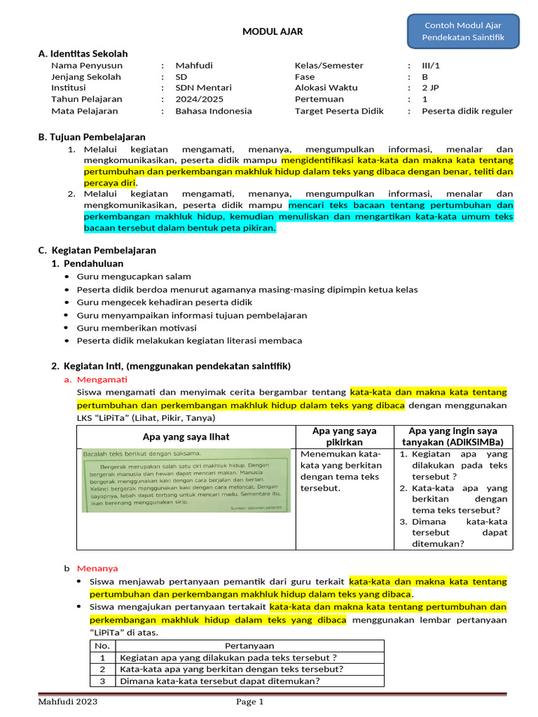 contoh MODUL AJAR saintifik | PDF