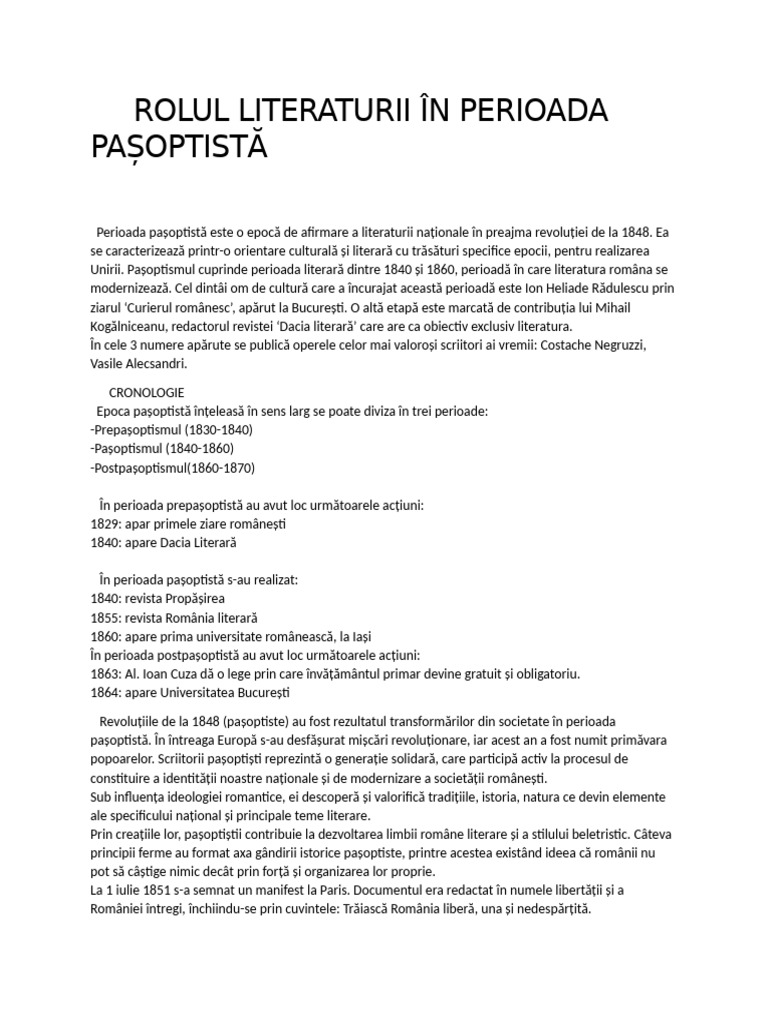 Rolul Literaturii În Perioada Pașoptistă | PDF