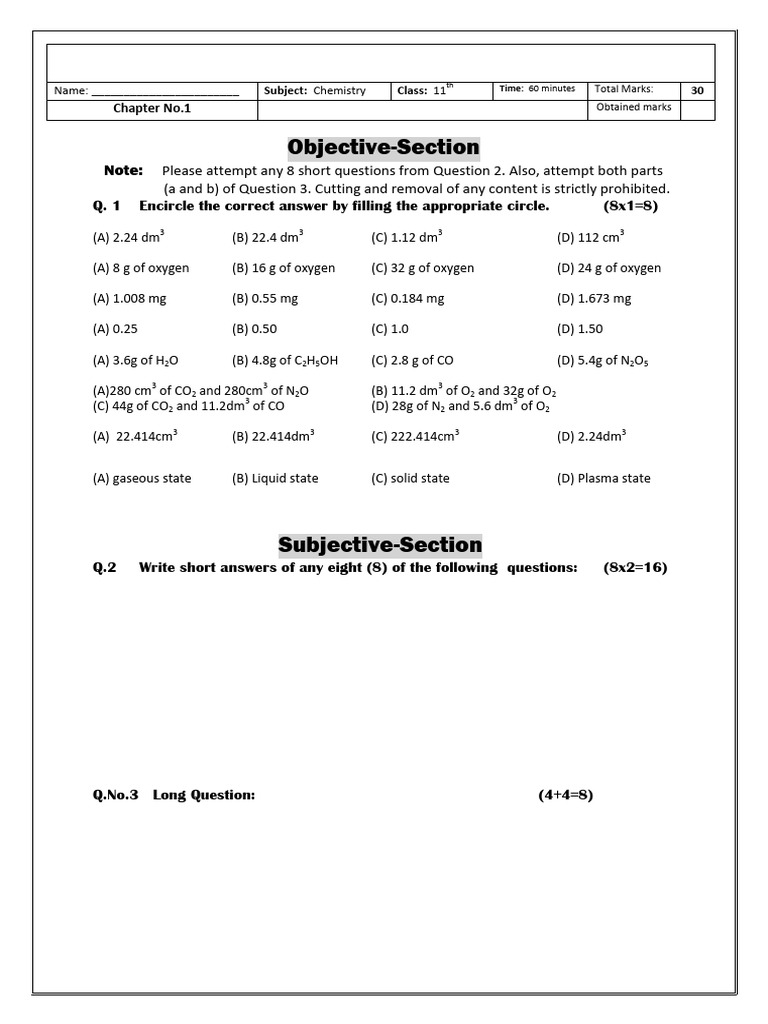 Ch1 11th Class Chemistry 30 Marks | PDF