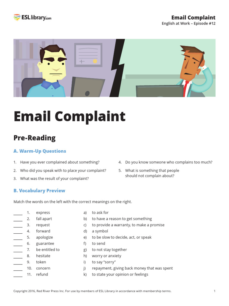 Email Complaint Vocabulary and Practice | PDF