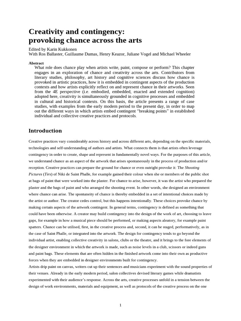 Creativity and Contingency - Provoking Chance Across The Arts | PDF