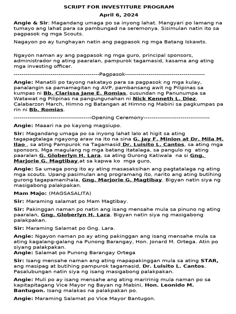 INVESTITURE 2024 Opening Program Script | PDF