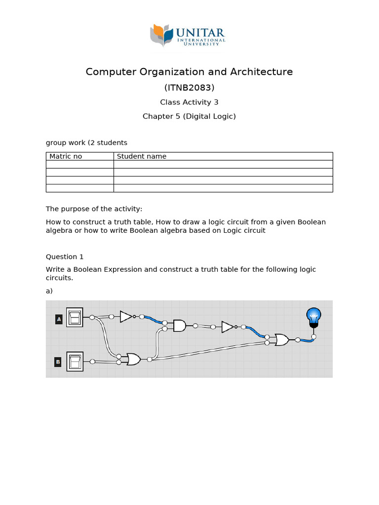 COA - Class Activity - Digital Logic | PDF